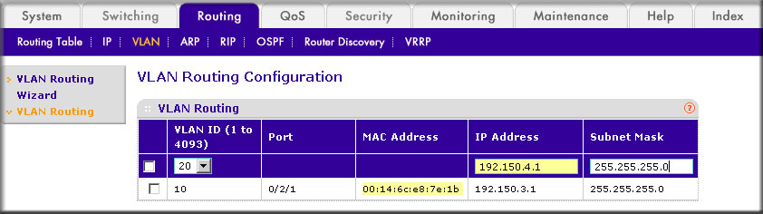 How do I set up VLAN routing for the VLANs and my managed switch using the web interface ...